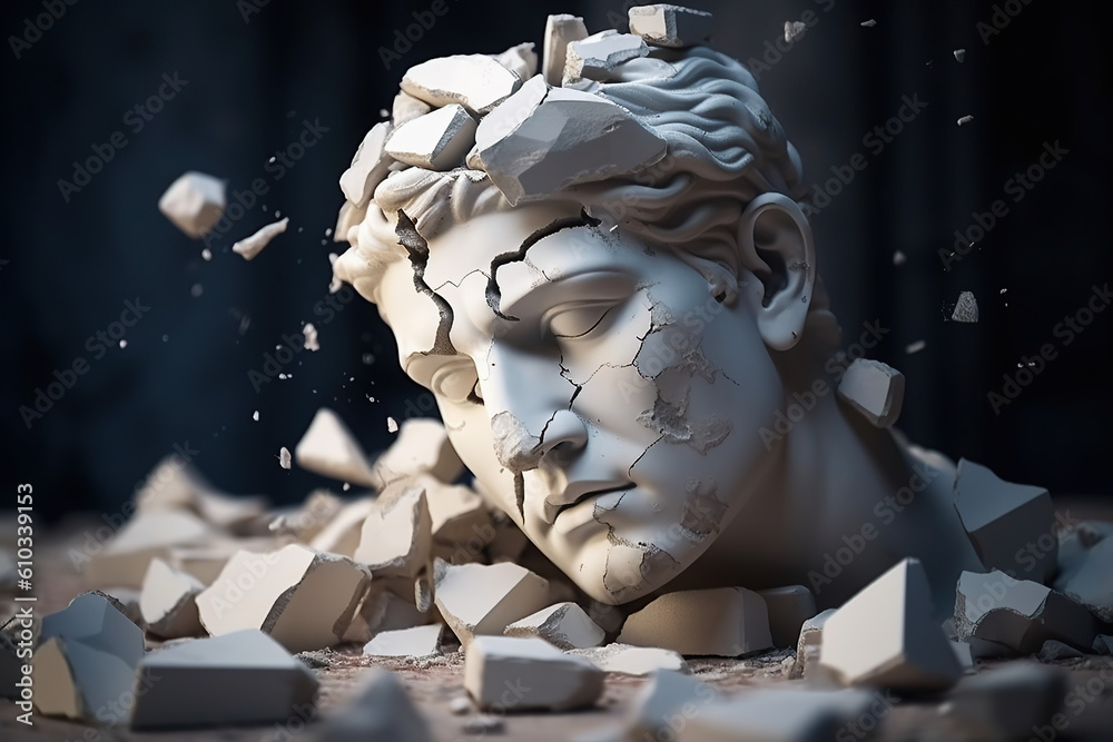Broken ancient greek statue head falling in pieces. Broken marble ...