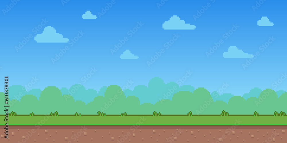 Colorful simple vector pixel art horizontal illustration of outdoor ...
