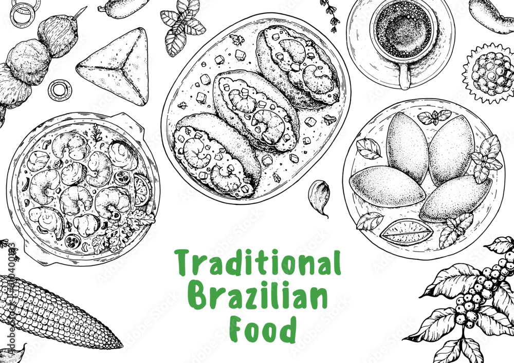 Brazilian food top view vector illustration. Food menu design template ...