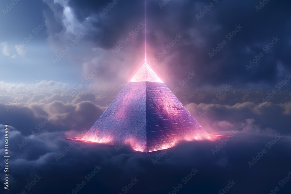 A pyramid floating in the clouds with a beam of light shining out from ...
