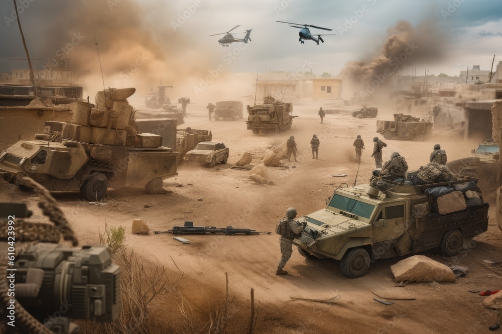 War Concept. Military silhouettes fighting scene on war fog sky ...