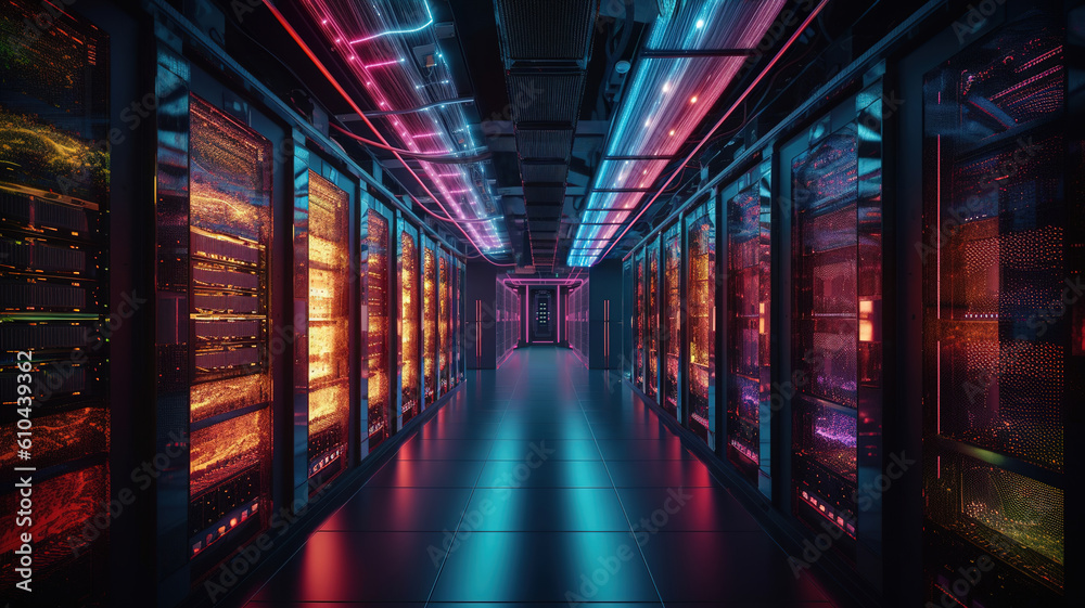 Data Center Server Room. Network Communication, Colorful Neon Server ...