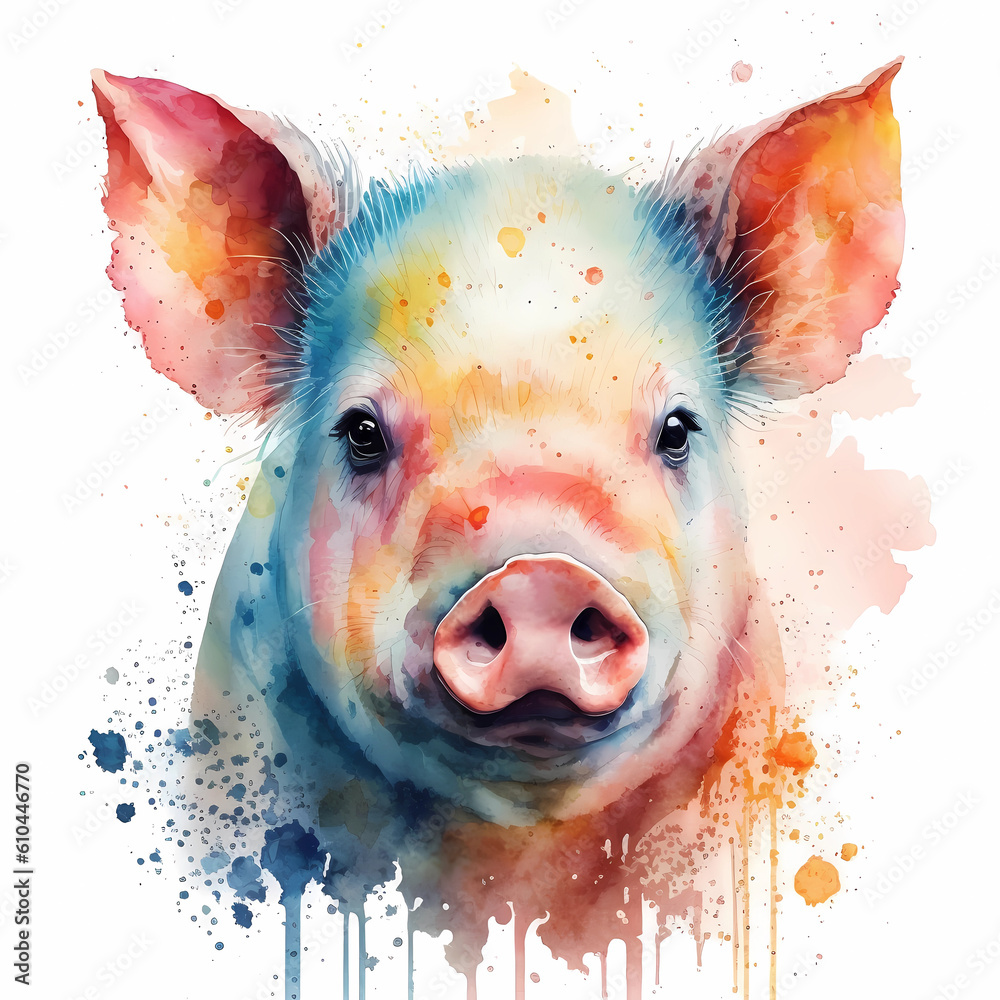 Watercolor cute mini pig face painting. Realistic wild animal illustration. Created with ...