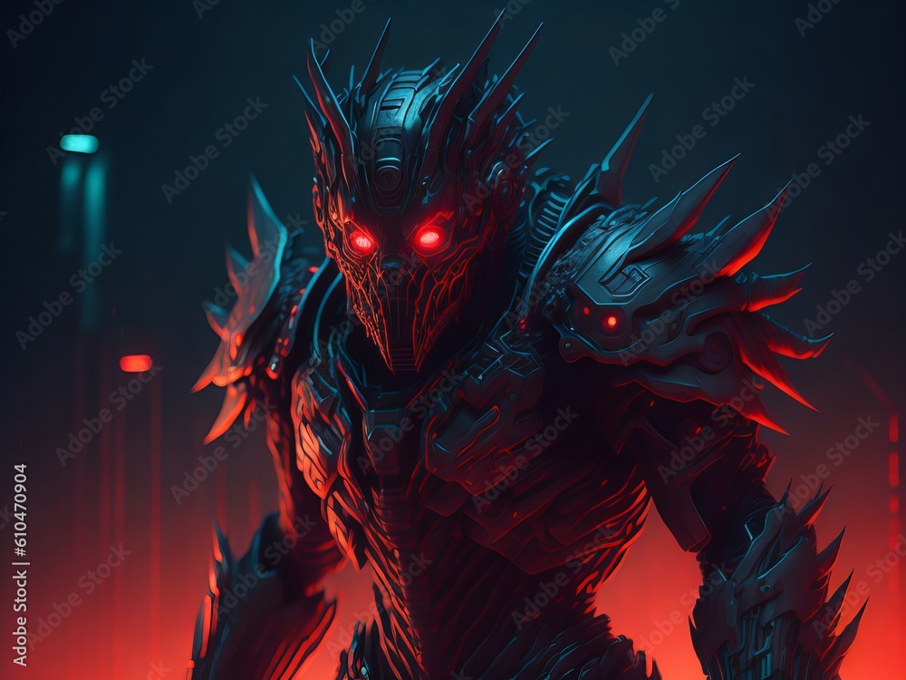 Menacing cyberpunk creature with glowing red eyes in a dark environment ...