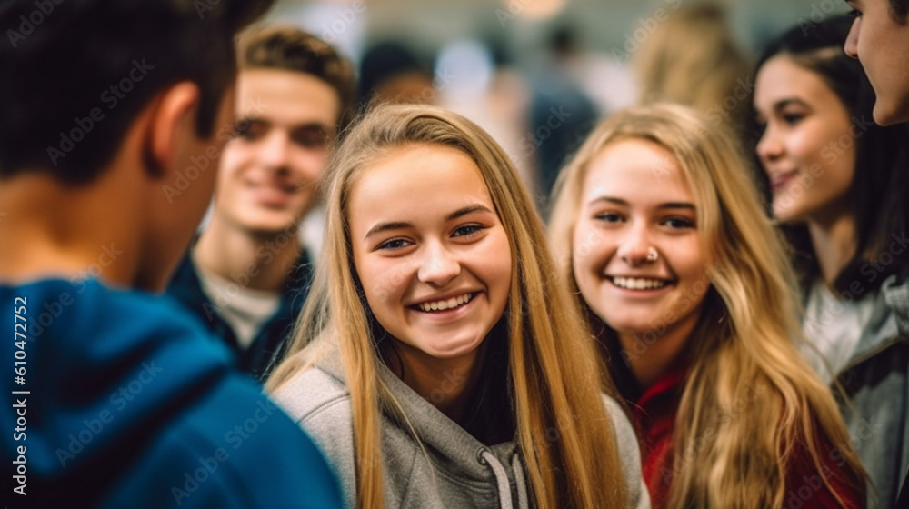 typical teenagers, two embarrassed young girls adore a boy, shy ...