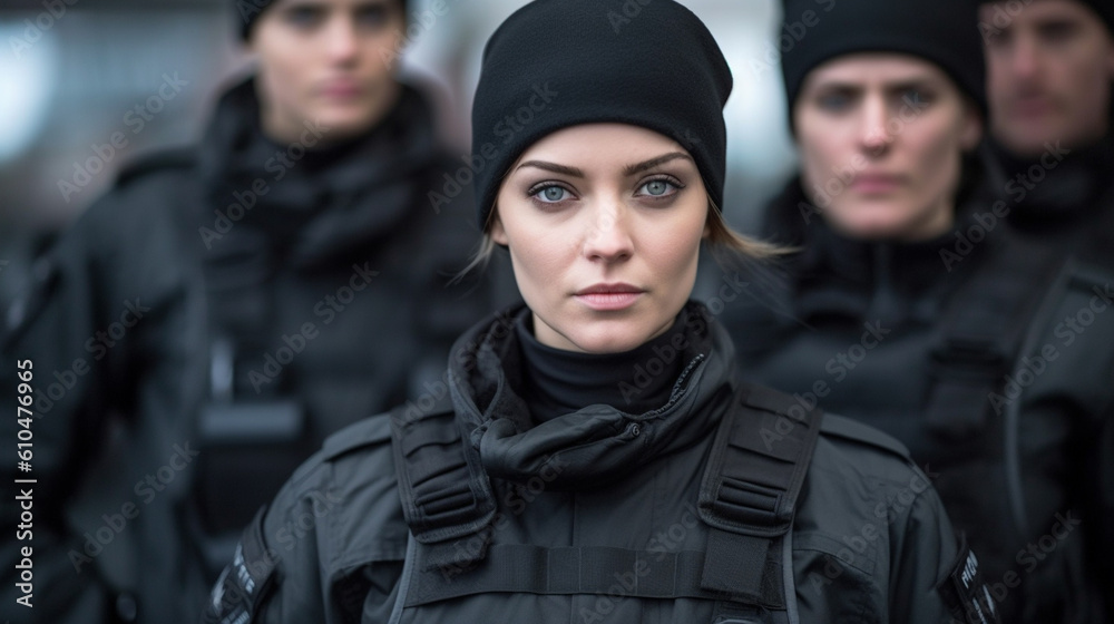 special police or army unit in black clothes and partially masked ...