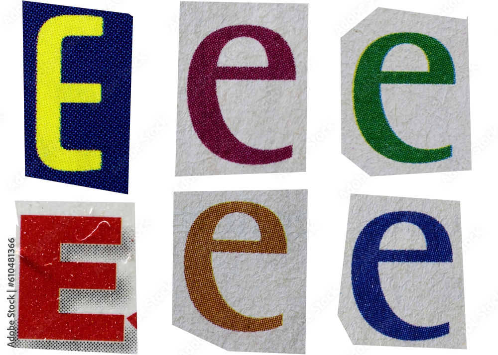 Letter e magazine cut out font, ransom letter, isolated collage ...