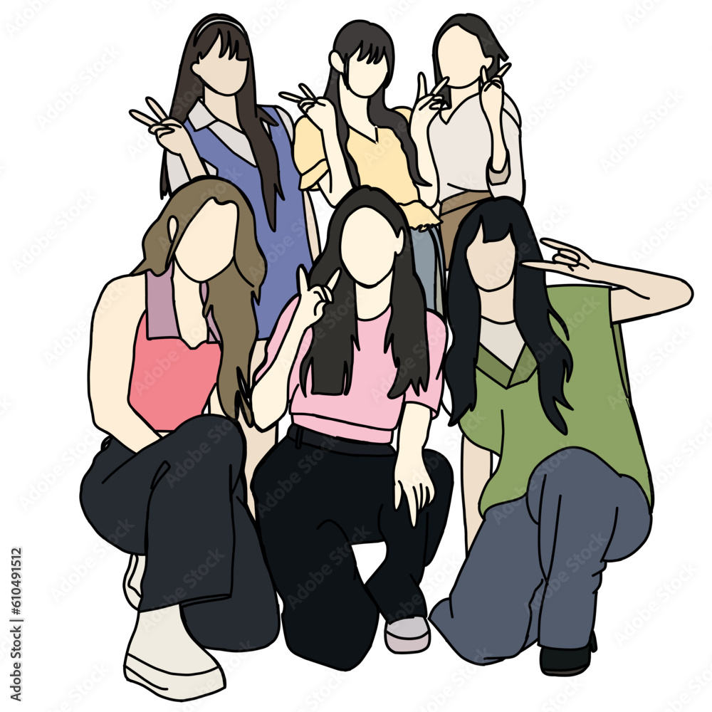 Vector illustration of six-member kpop idol girl group with girls crush ...