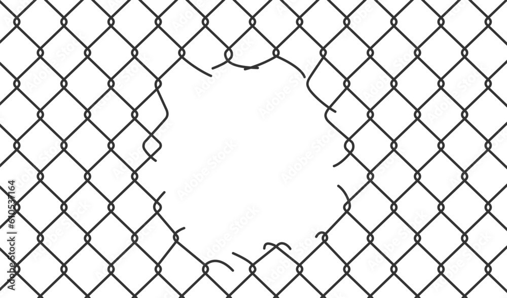 Broken wire mesh fence. Rabitz or chain link fence with cut hole. Torn ...