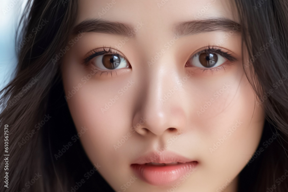 Beautiful Asian Woman, Close up on her face with Smooth skin look at the camera on a White ...