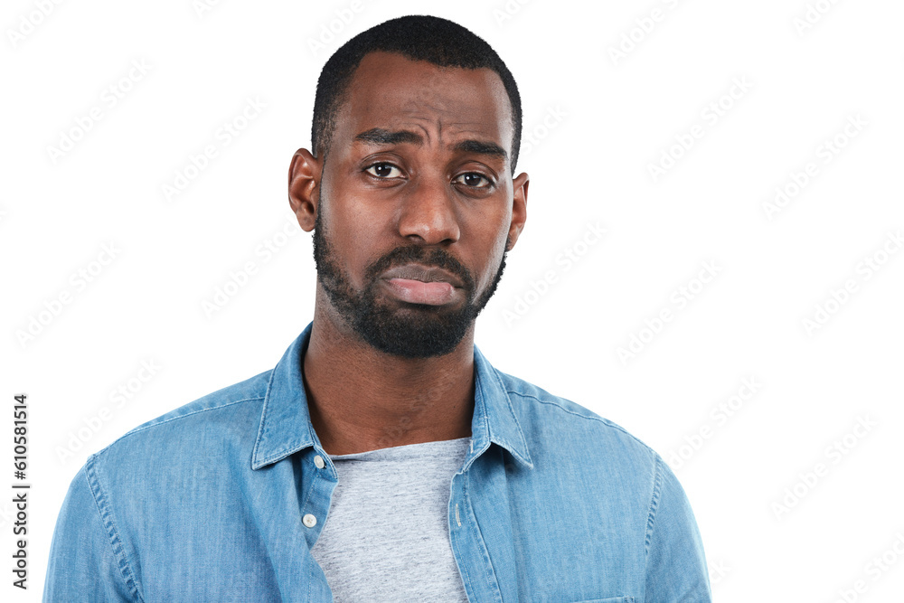 Photo Stock Sad, portrait and black man frown with depression, broken ...