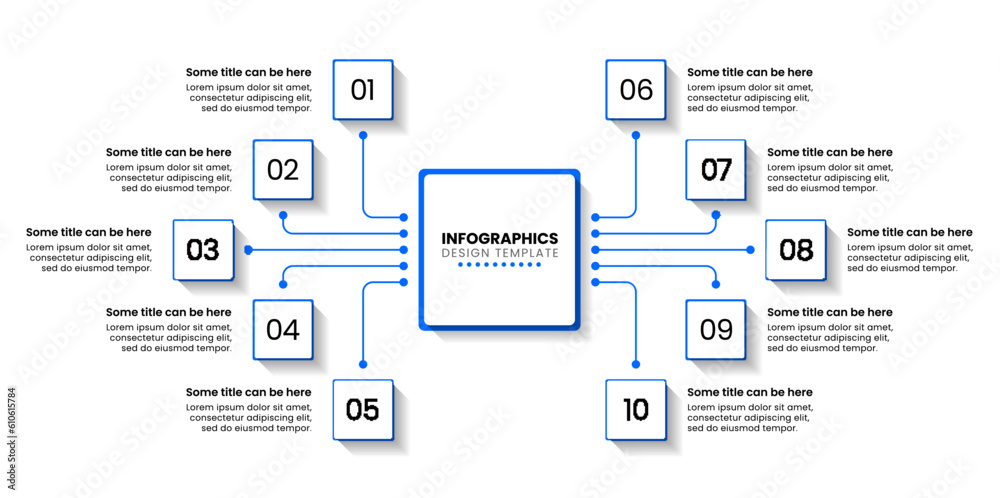 Infographic template. 10 squares with numbers connected to the center ...