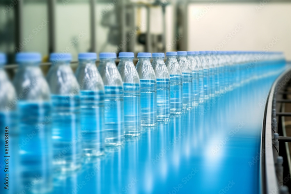 Motion blurred fast moving water bottles at Mineral water Factory ...