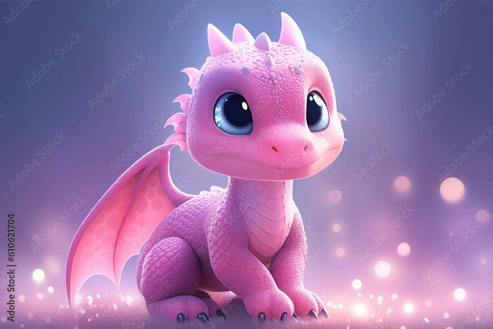 Super cute Pink little baby dragon with big red eyes. Fantasy monster ...