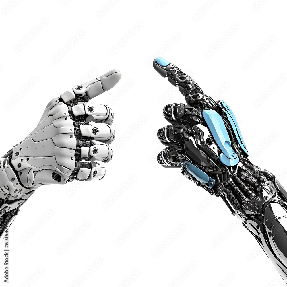 A Cybrog robotic arm touching another robot hand and machine friendship ...
