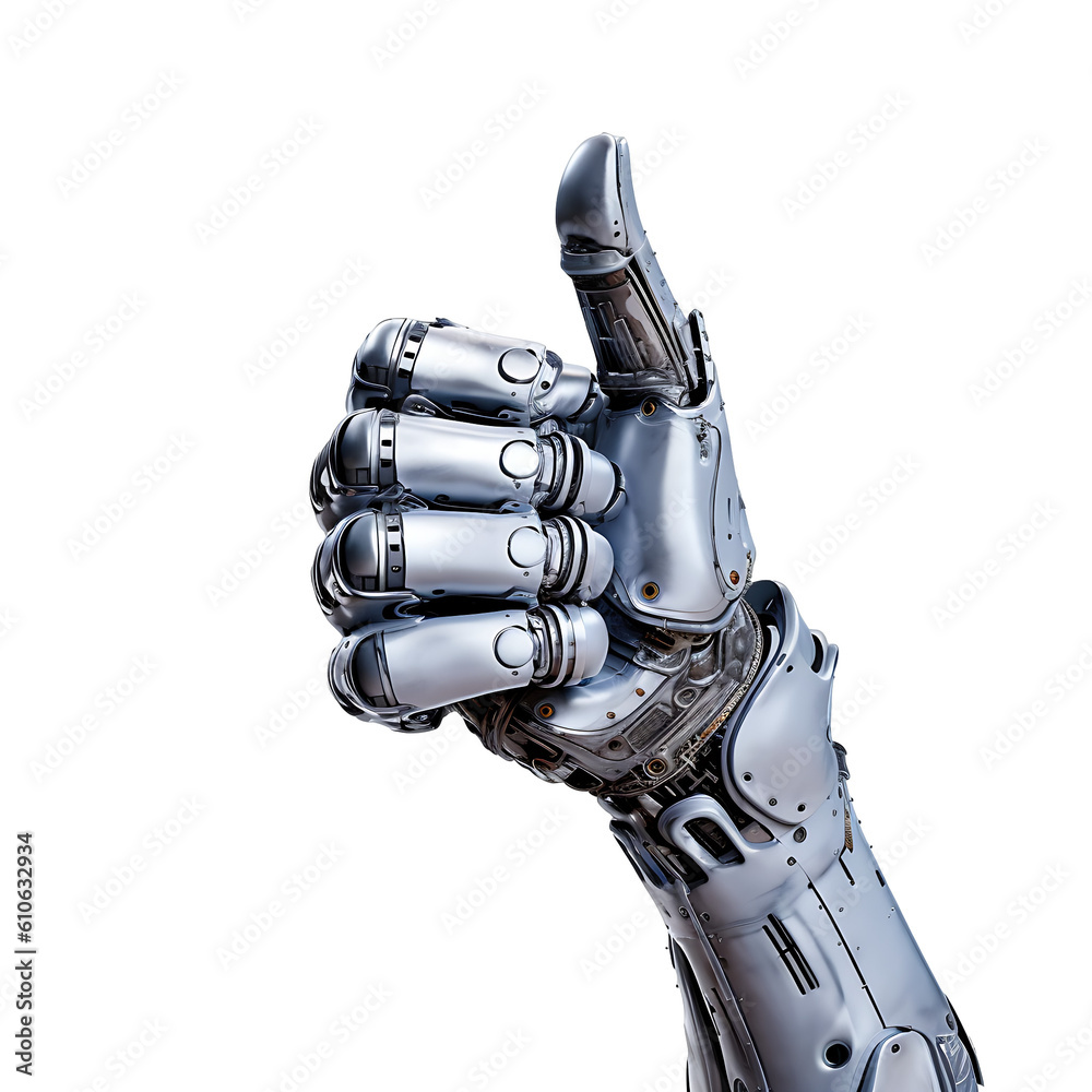 Cyborg robot hand giving thumbs up isolated on Transparent Background ...
