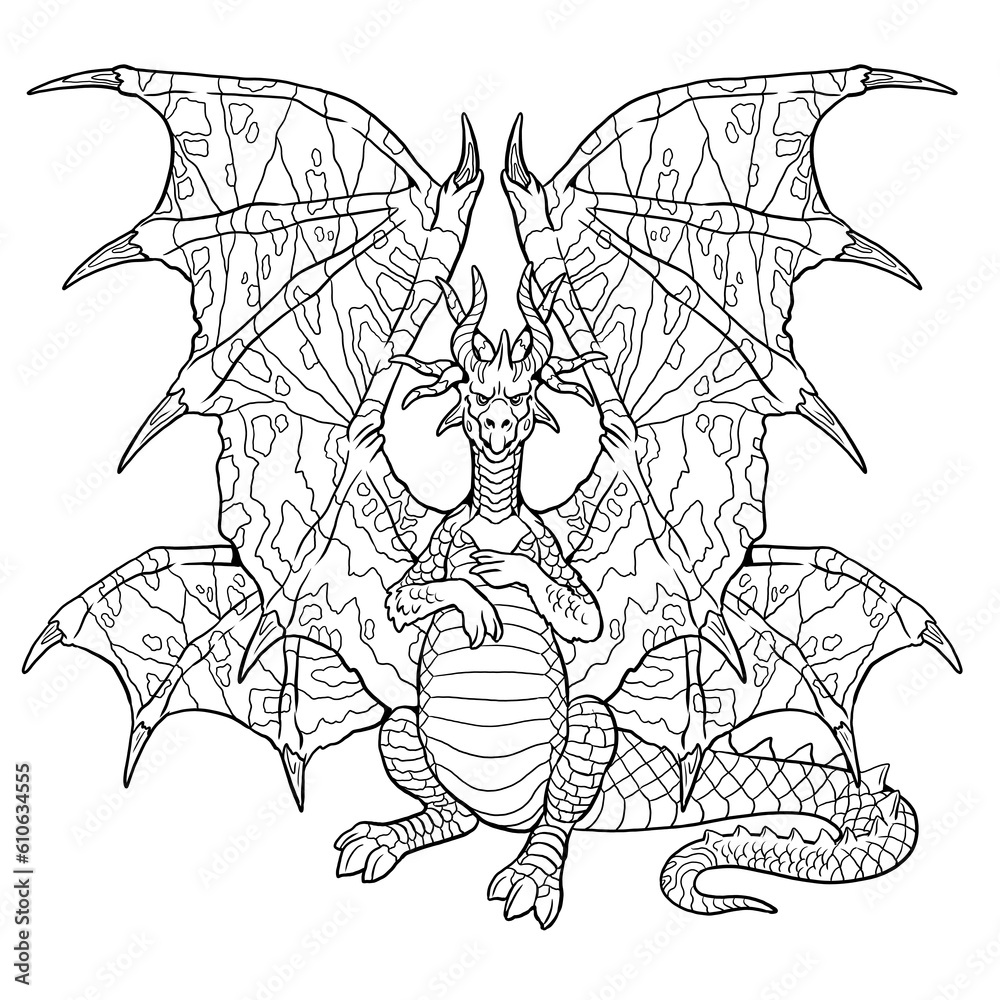 Dragon coloring page. Fantasy illustration with mythical creature ...