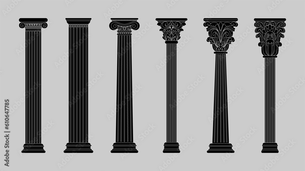 Ancient Greek columns. Black silhouette architecture pillars. Roman ...