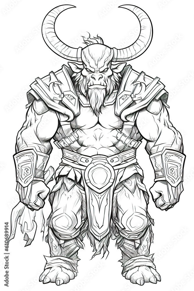 A drawing of a Minotaur, a bull man with horns and armor. Coloring page ...