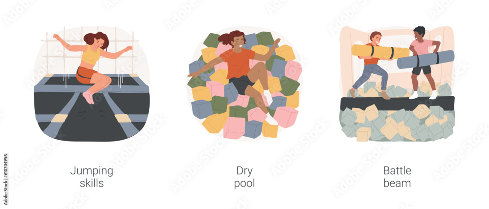 Trampoline park isolated cartoon vector illustration set. Teenage girl ...