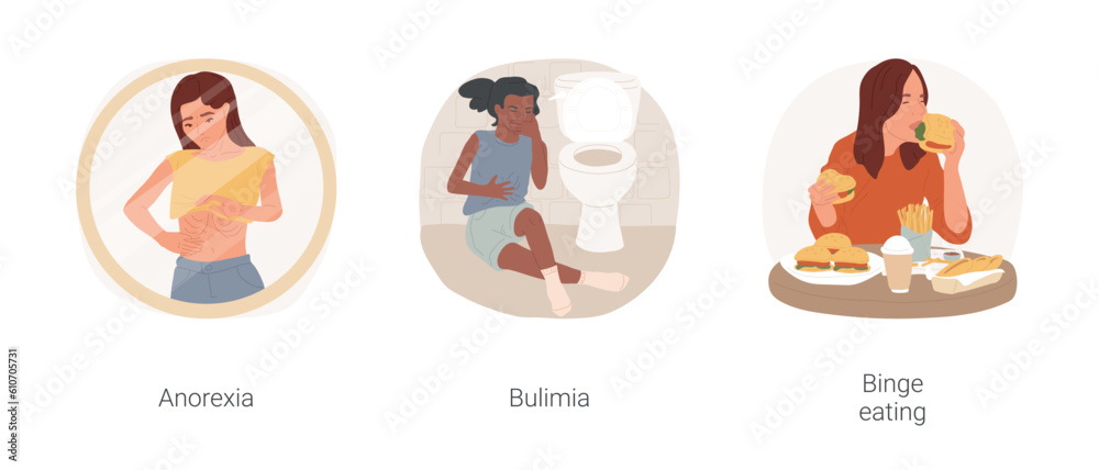 Teenages eating disorders isolated cartoon vector illustration set ...