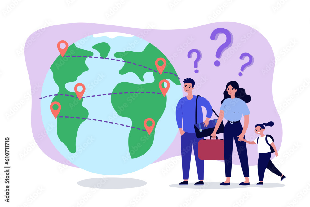 Happy family choosing relocation destination next to globe. Planet with ...