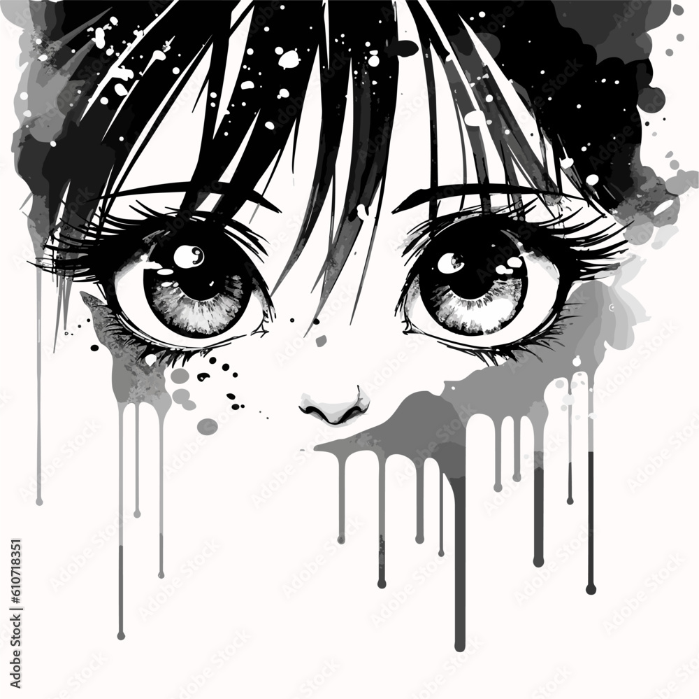 Manga eyes looking with paint dripping from her face. Drawing of black ...