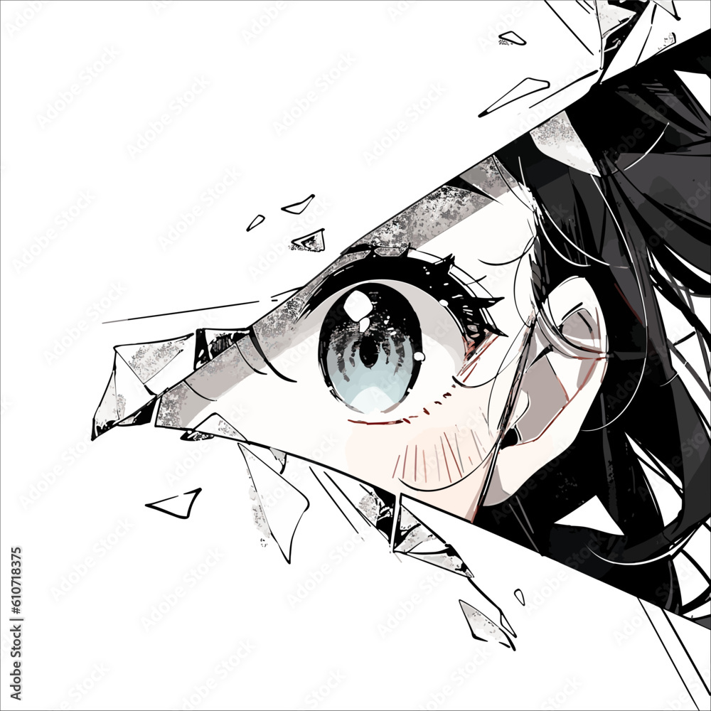 Anime Manga girl eyes looking from paper tear. Drawn anime girl peeps ...