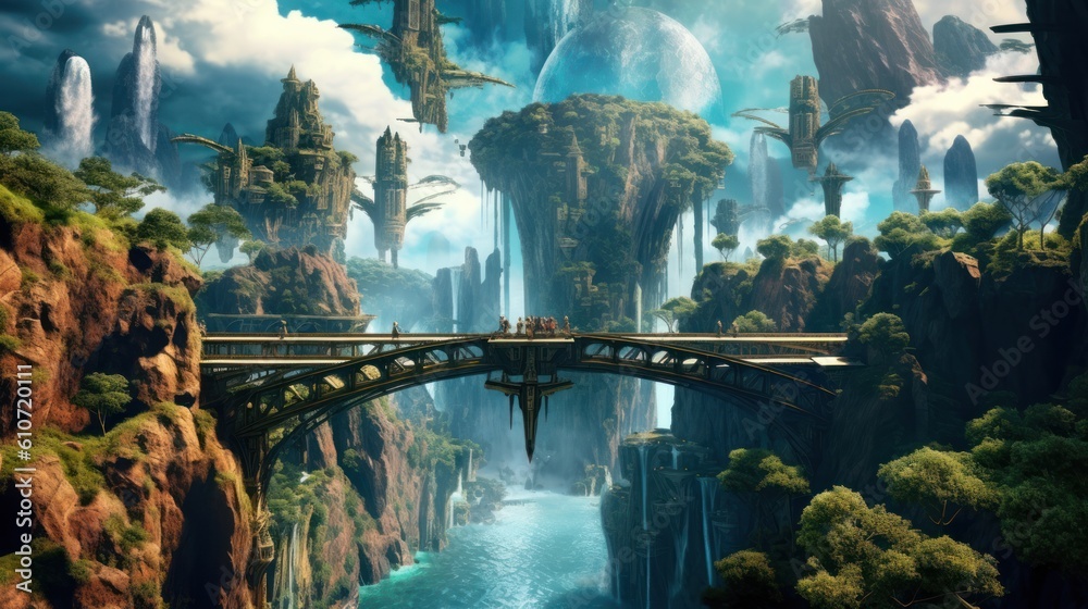 Fantastical realm where islands hover in the sky, connected by ...