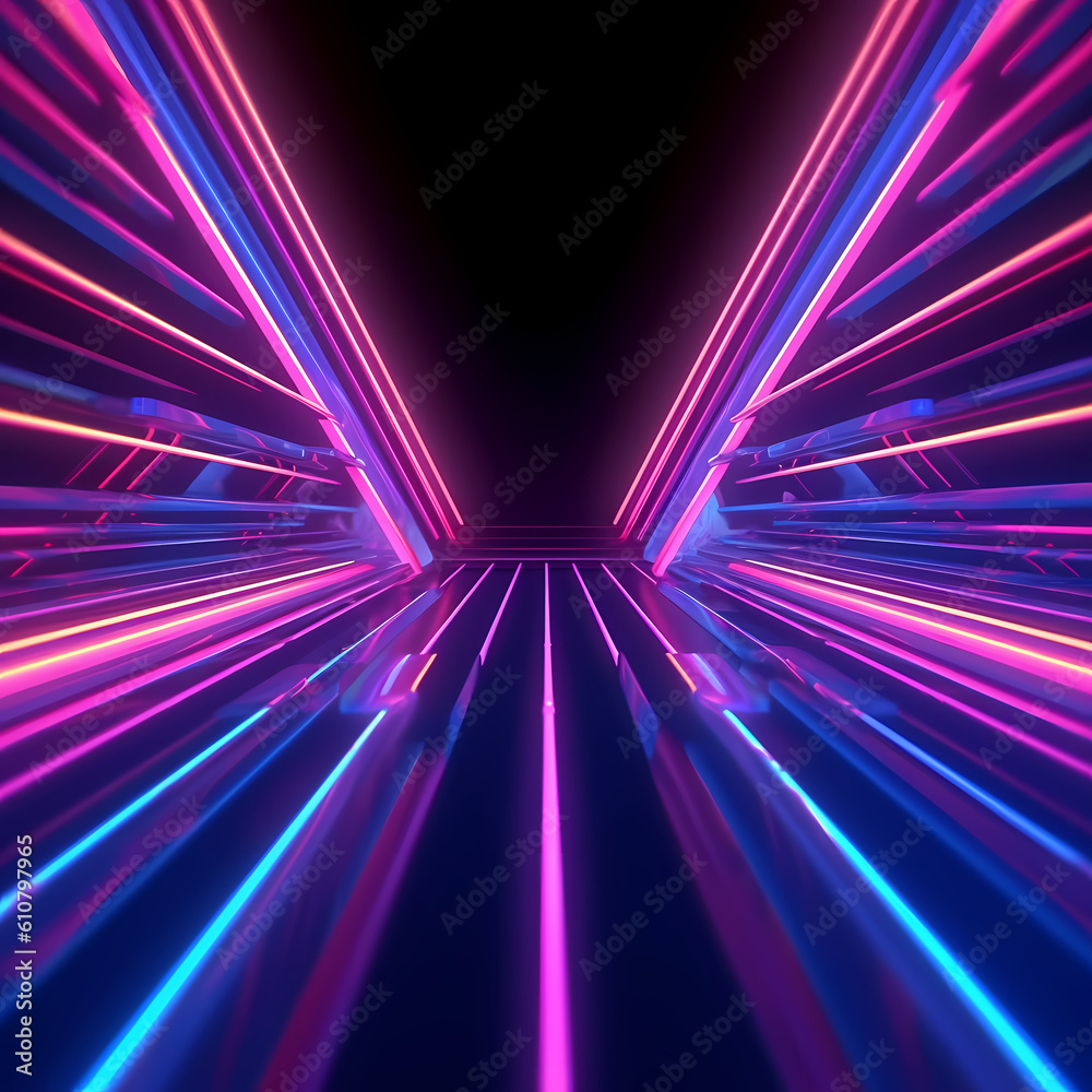 3D Neon Lights on a black background with space, rendering, neon beams ...