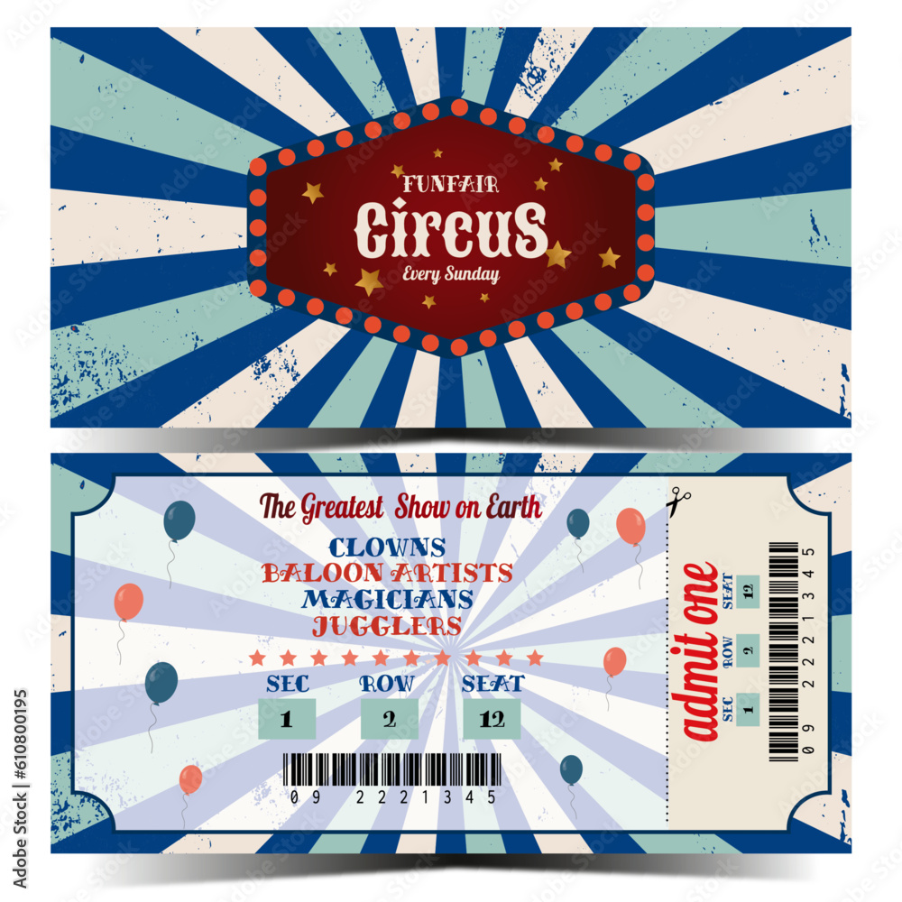 Circus ticket template. Front and back. Carnival ticket. Ready to print ...