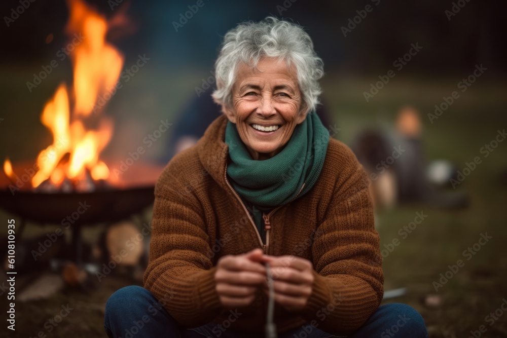 Portrait of happy senior woman sitting near bonfire and smiling at ...