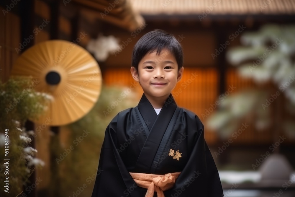 Japanese boy in traditional clothes (5 years old) in a temple Stock ...