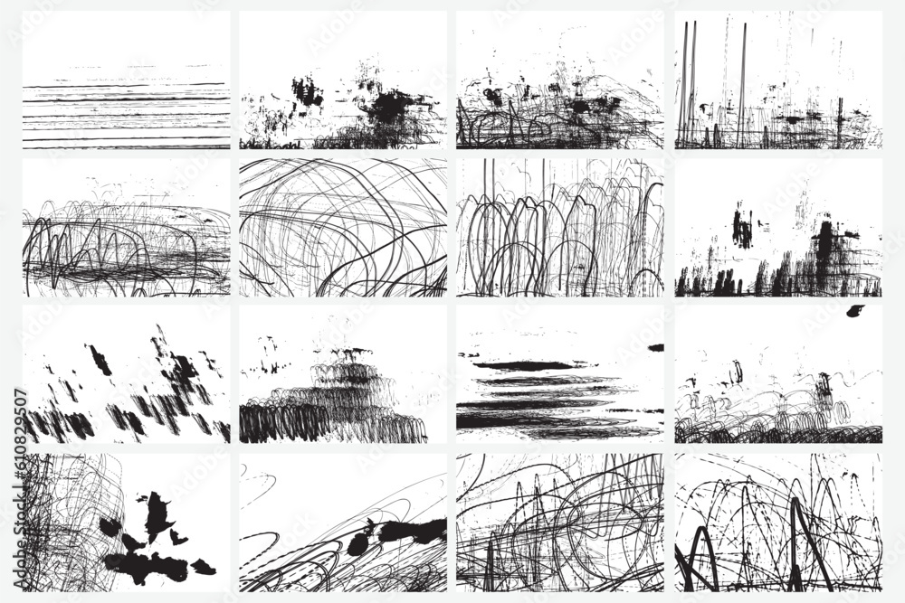 Set of abstract backgrounds. Ink scribble textures as cards. Black and ...