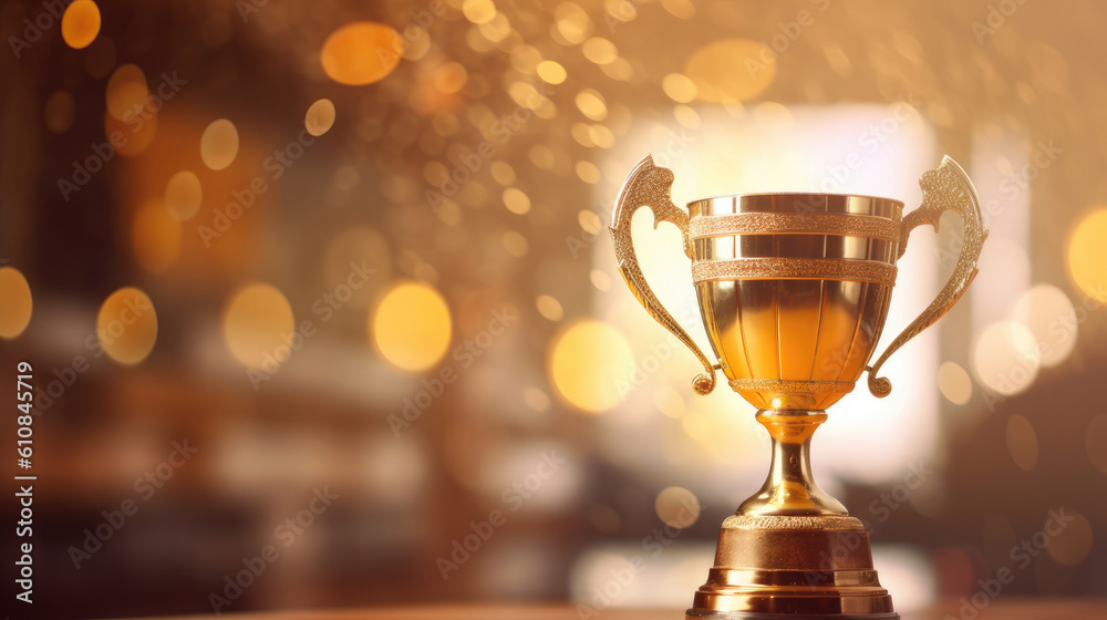 Golden winner cup on blurred festive background. AI generation Stock ...