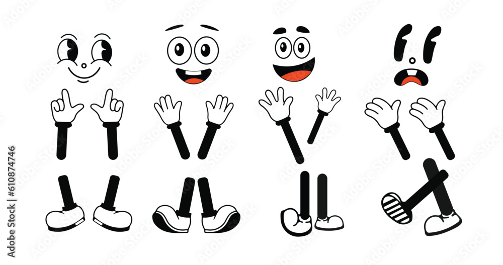 Vintage cartoon character face, hands in gloves and feet in shoes. Cute ...