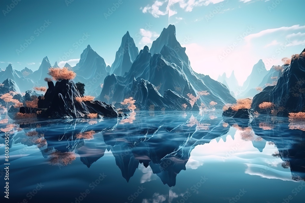 3d render, fantasy landscape panorama with mountains reflecting in the ...