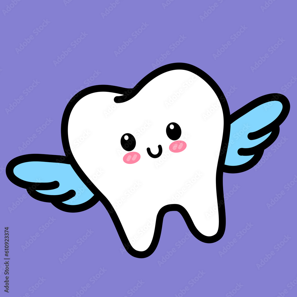 Cute tooth emoji angel isolated on purple background. Flat design ...
