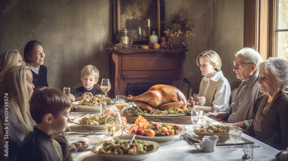 Photo Stock Happy family celebrating Thanksgiving dinner at home ...