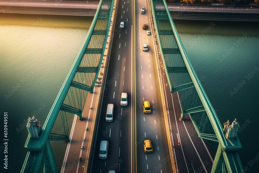 Bustling traffic on Elisabeth Bridge in Budapest, Hungary, through an ...