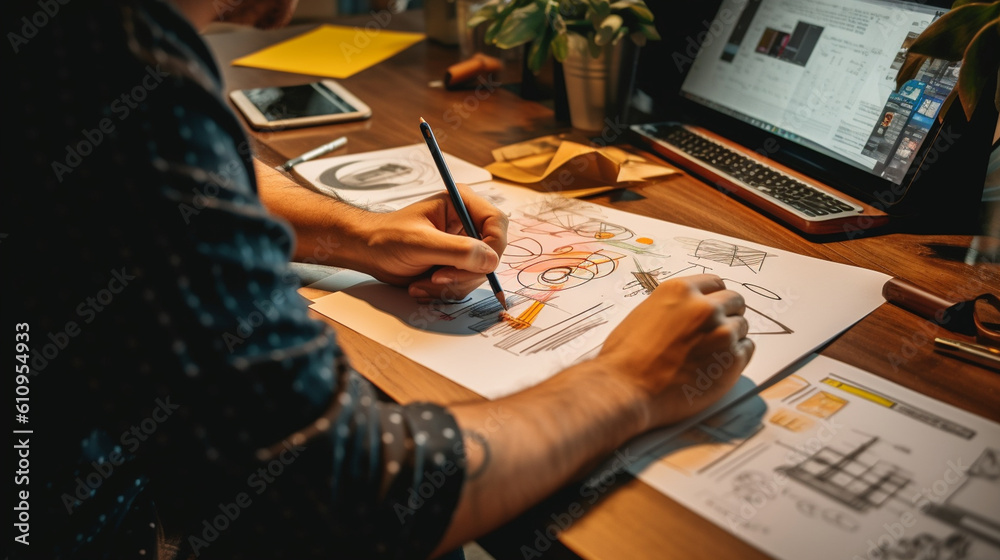 A UX designer sketching wireframes and creating user interface designs, crafting seamless and ...