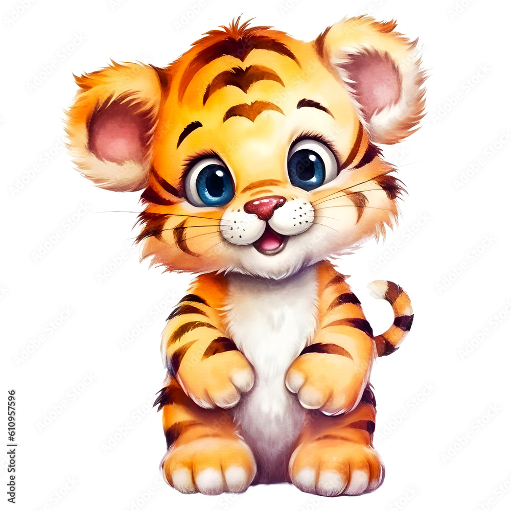 Cute baby tiger watercolor clipart, isolated, transparent background, created with Generative AI ...