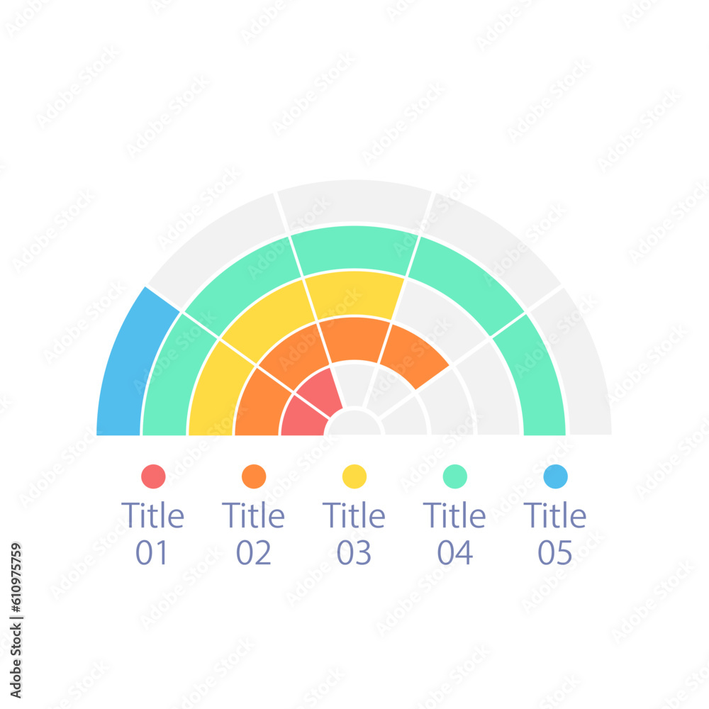 Semi circle infographic chart design template with five titles. Market ...