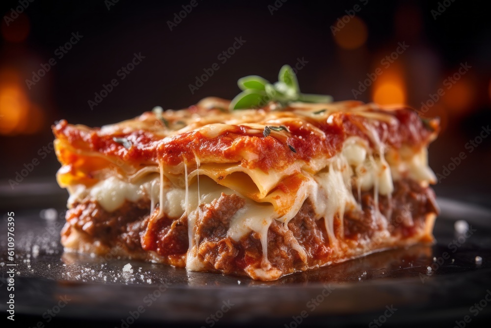 Highly detailed close-up photography of a tempting lasagna on a marble ...