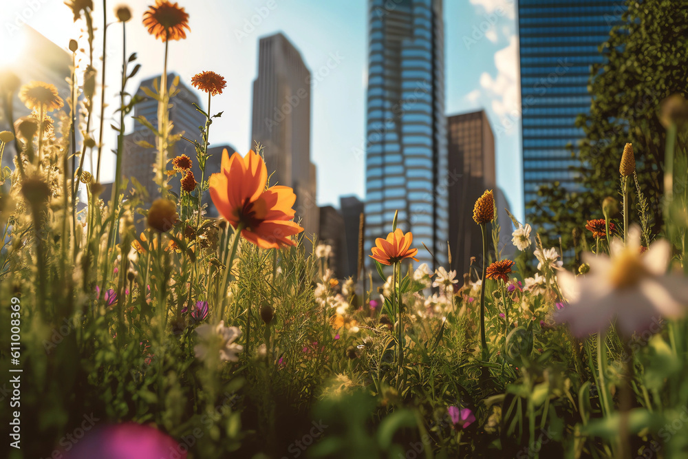 Rewilding the city, a city surrounded by flowers and greenery created ...