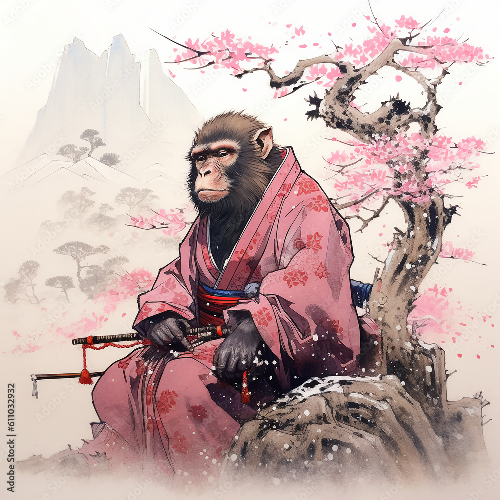 Japanese customs and traditions, a sitting monkey wearing a yukata ...