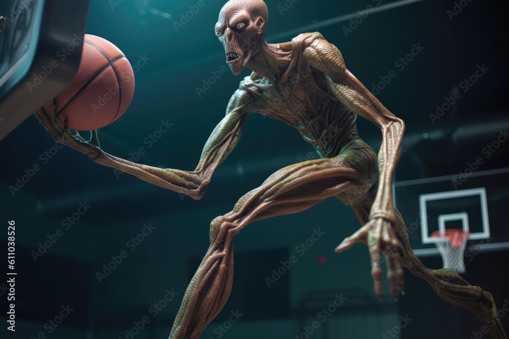 alien basketball player jumping for slam dunk with his long, spindly ...