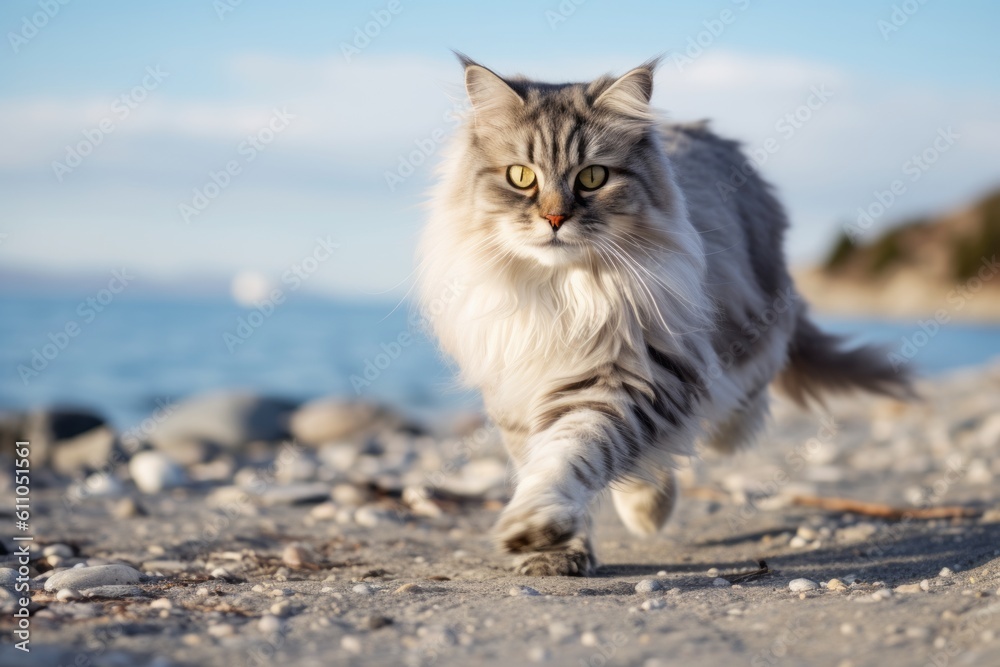 Environmental portrait photography of a funny siberian cat sprinting ...