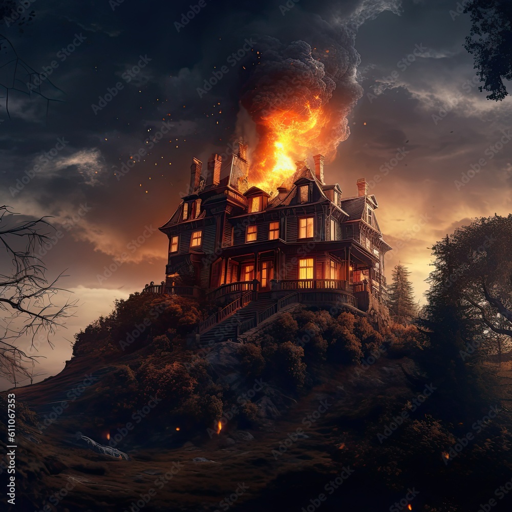 A dark gloomy Victorian mansion is on fire on top of a hill. Postcard ...