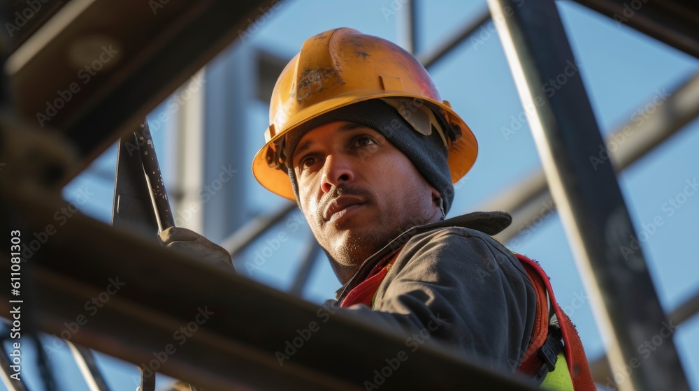 Generative AI Construction worker wearing full body safety harness ...